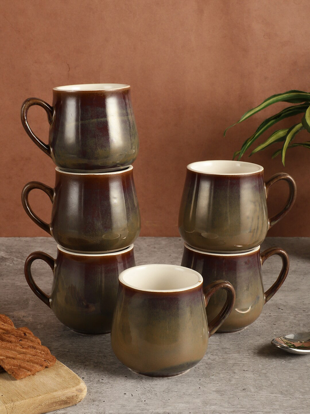 Buy MIAH Decor Brown 6 Pieces Ceramic Glossy Mugs 200ml Each - Cups And ...