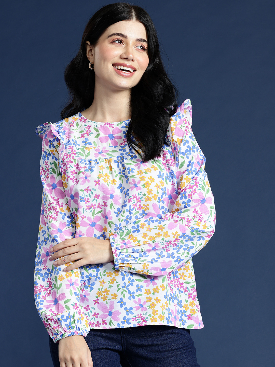 Buy Mast & Harbour Floral Printed Puff Sleeves Ruffle Detailed Top ...