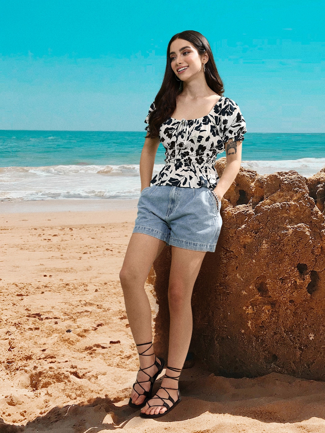 Buy Mast And Harbour Floral Print Sweetheart Neck Puff Sleeve Cinched