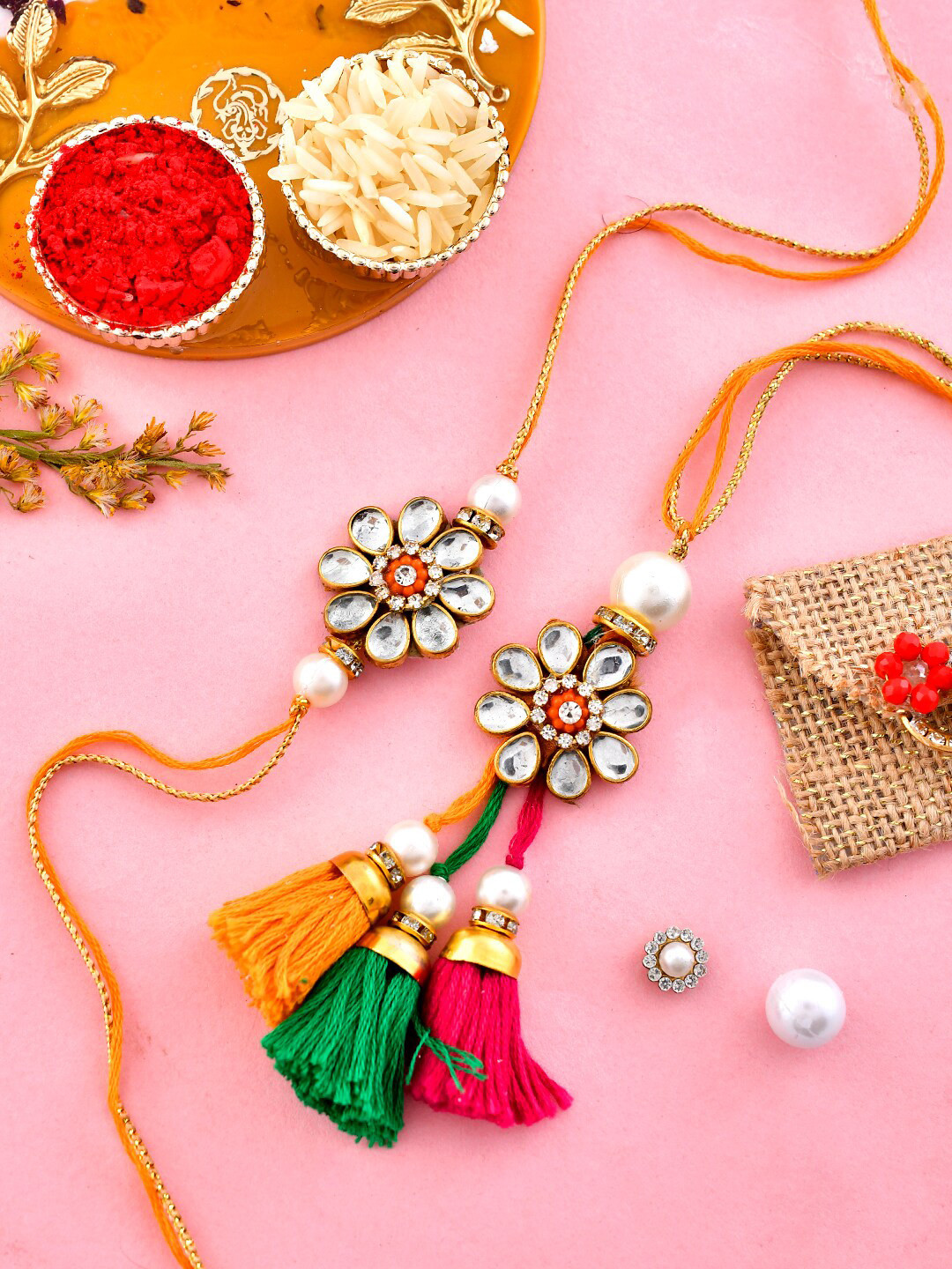 Buy Aapno Rajasthan Unisex Set Of 2 Kundan Embellished Rakhi With Roli ...