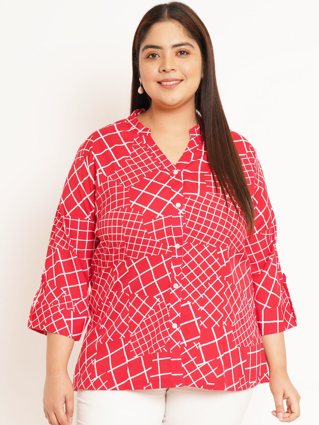 Buy U&F Beyond Plus Size Checked Mandarin Collar Shirt Style Top - Tops ...