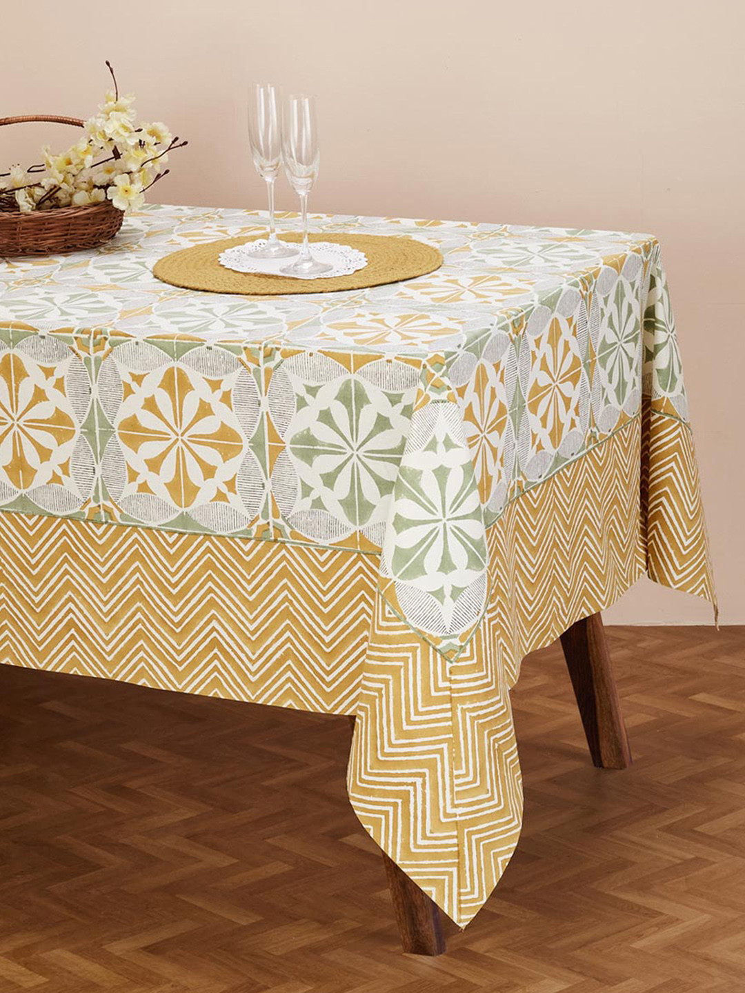 Buy Fabindia Jaisalmer Yellow & White 6 Seater Printed Cotton Table ...