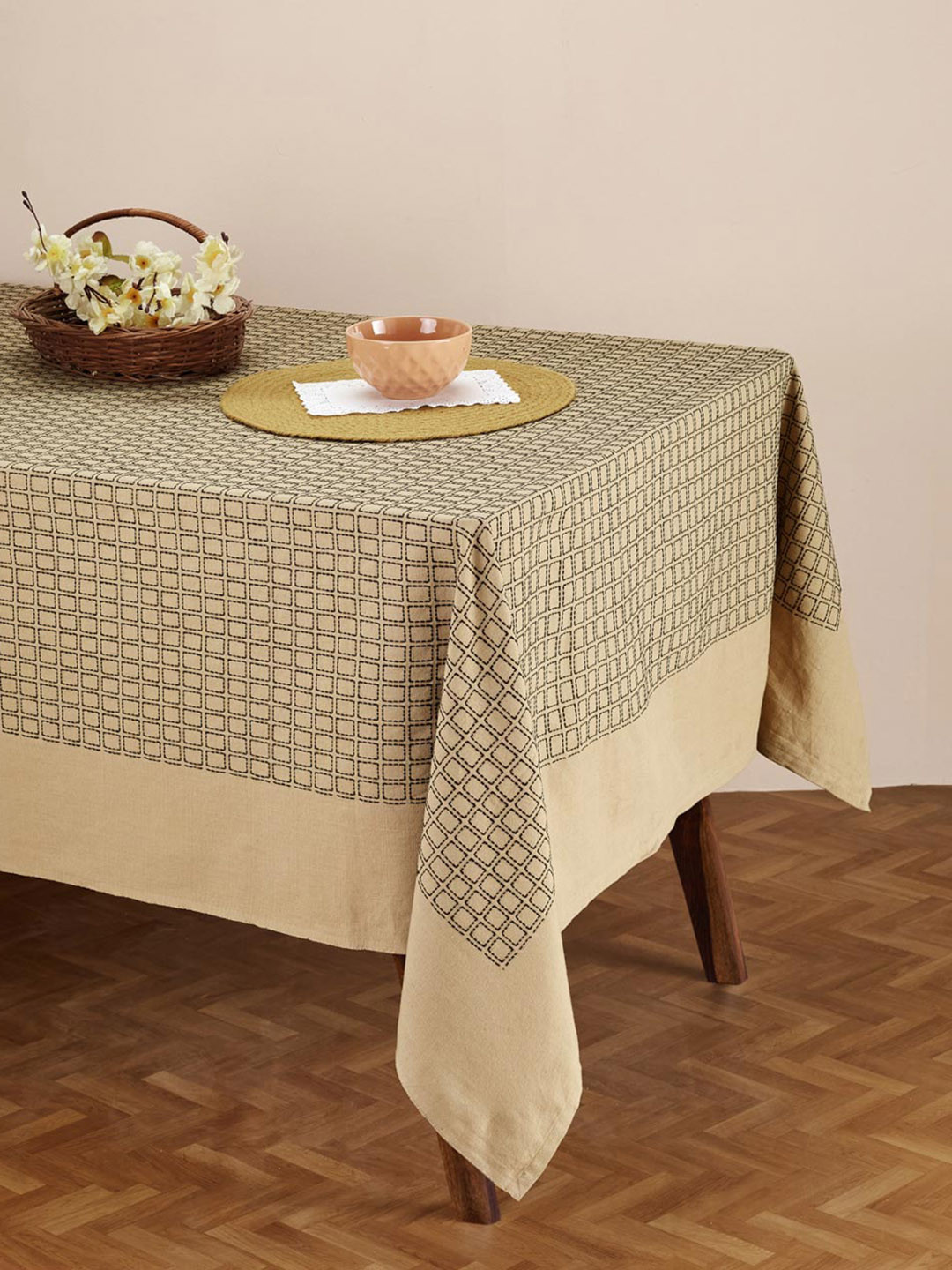 Buy Fabindia Beige & Black Drithi Woven Design Cotton 6 Seater Table ...