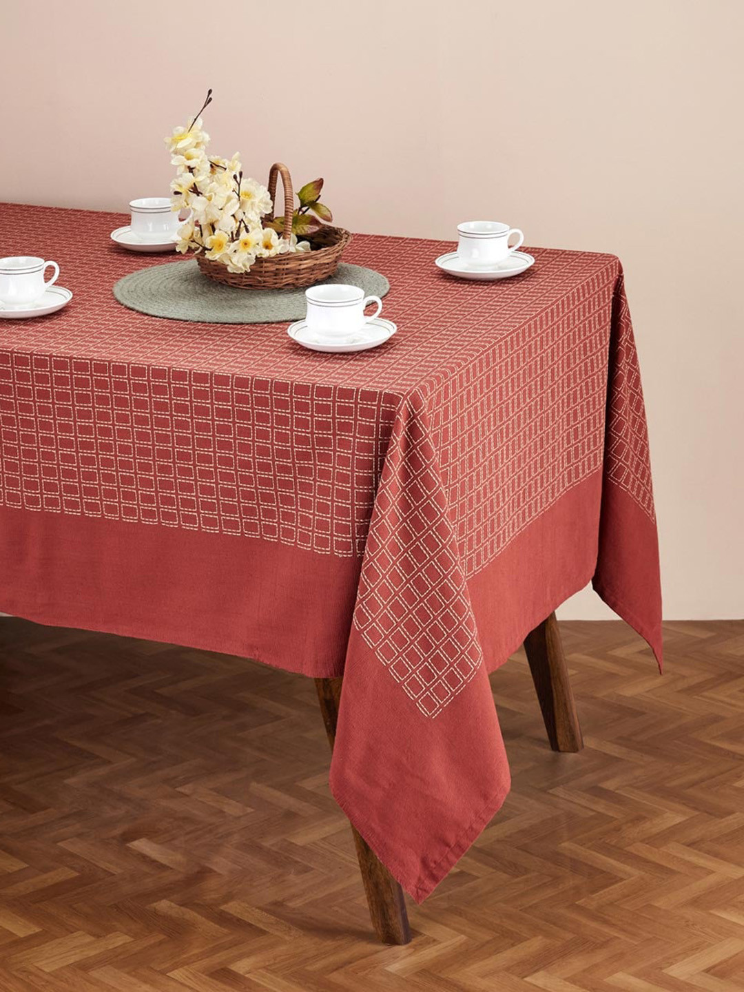 Buy Fabindia Drithi Rust Red Woven Cotton 4 Seater Table Cover - Table ...