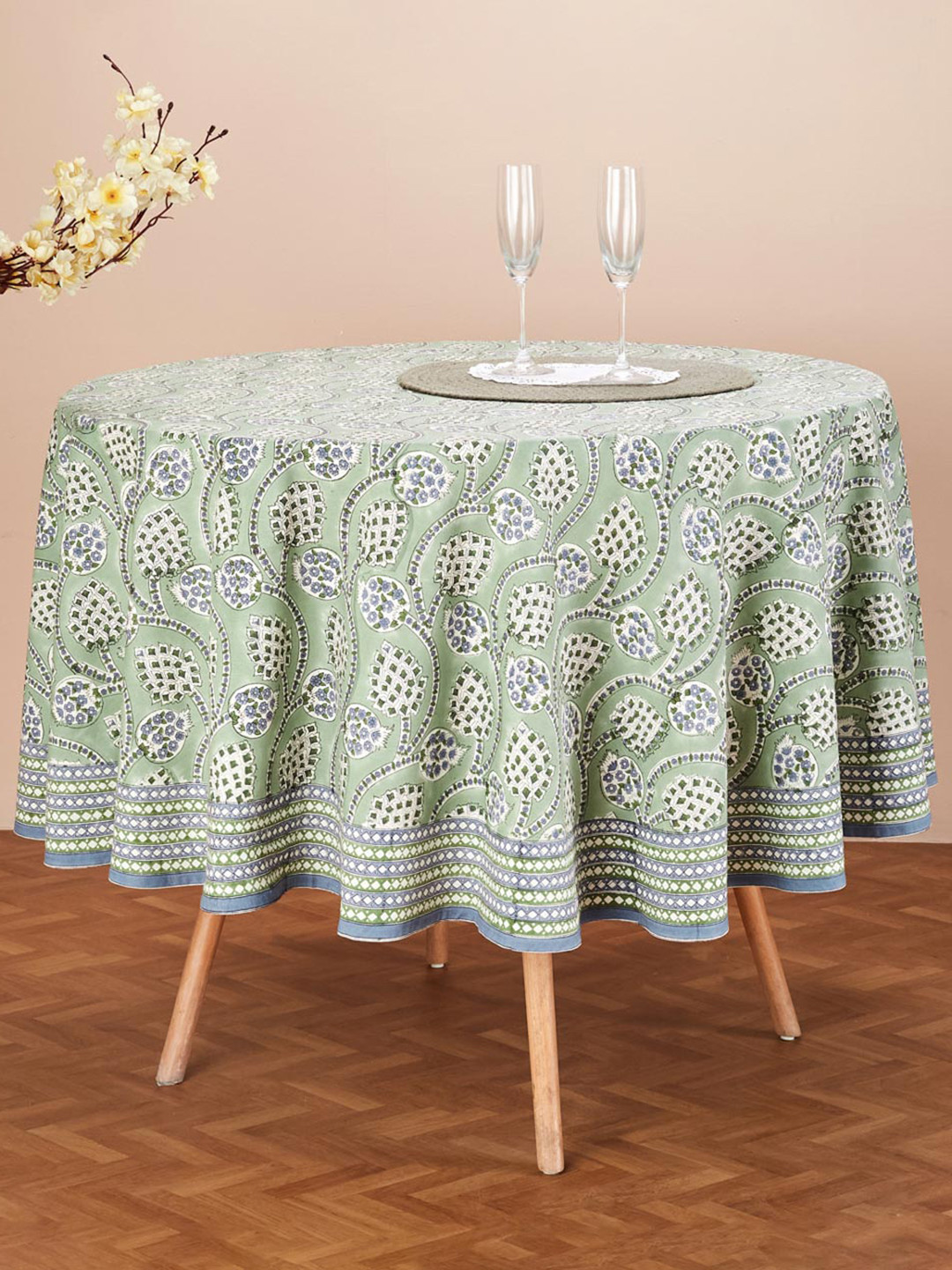 Buy Fabindia Shaalimar Anaar Green & White Cotton Printed Round Dining ...