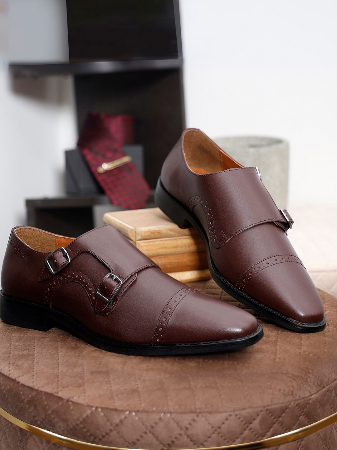 Buy LOUIS STITCH Men Rosewood Premium Italian Leather Formal Monk Shoes ...