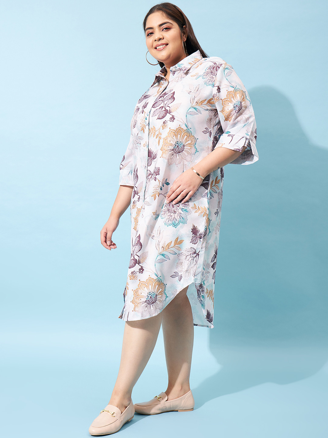 Buy Athena Ample Plus Size Floral Print Linen Shirt Dress - Dresses for ...