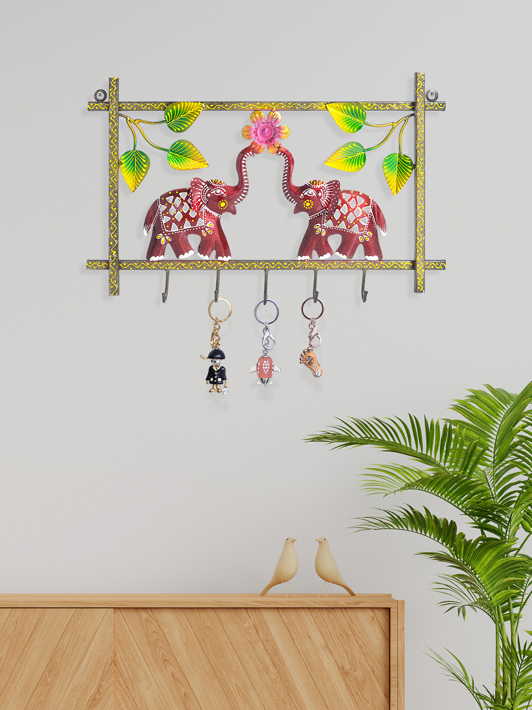 Buy Golden Peacock Maroon & Green Elephant Shaped Key Holders With 5 ...