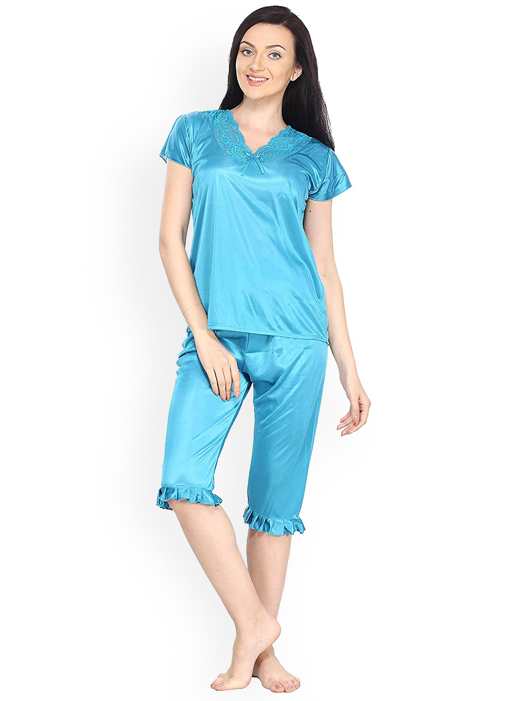Buy Noty V Neck Satin Lace Top With Capris - Night Suits for Women ...