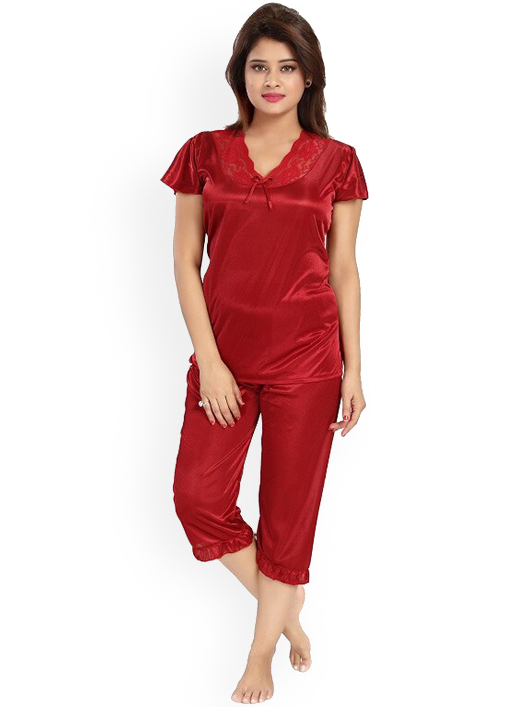 Buy Noty V Neck Satin Lace Top With Capris - Night Suits for Women ...