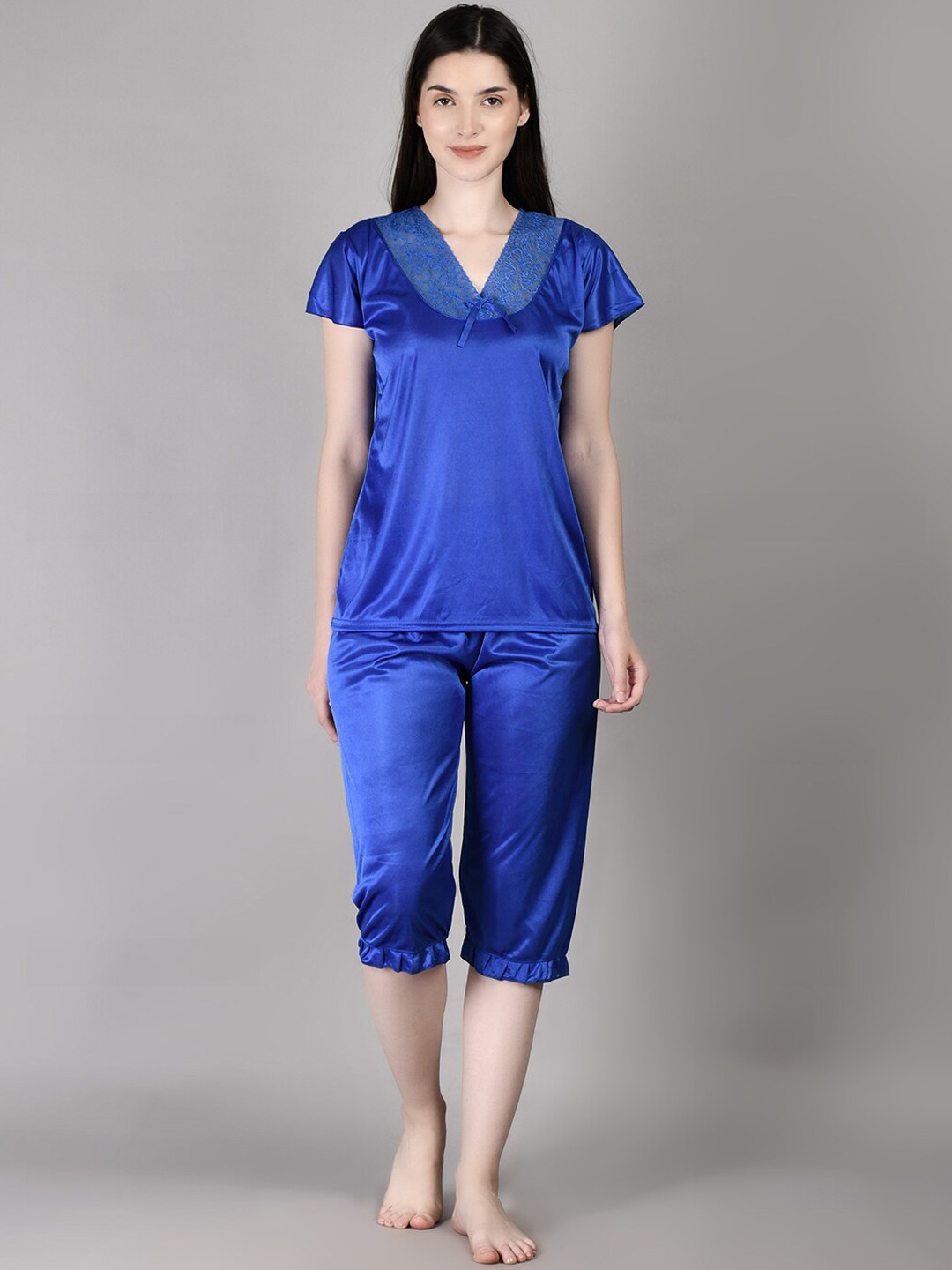 Buy Noty V Neck Satin Lace Top With Capris - Night Suits for Women ...