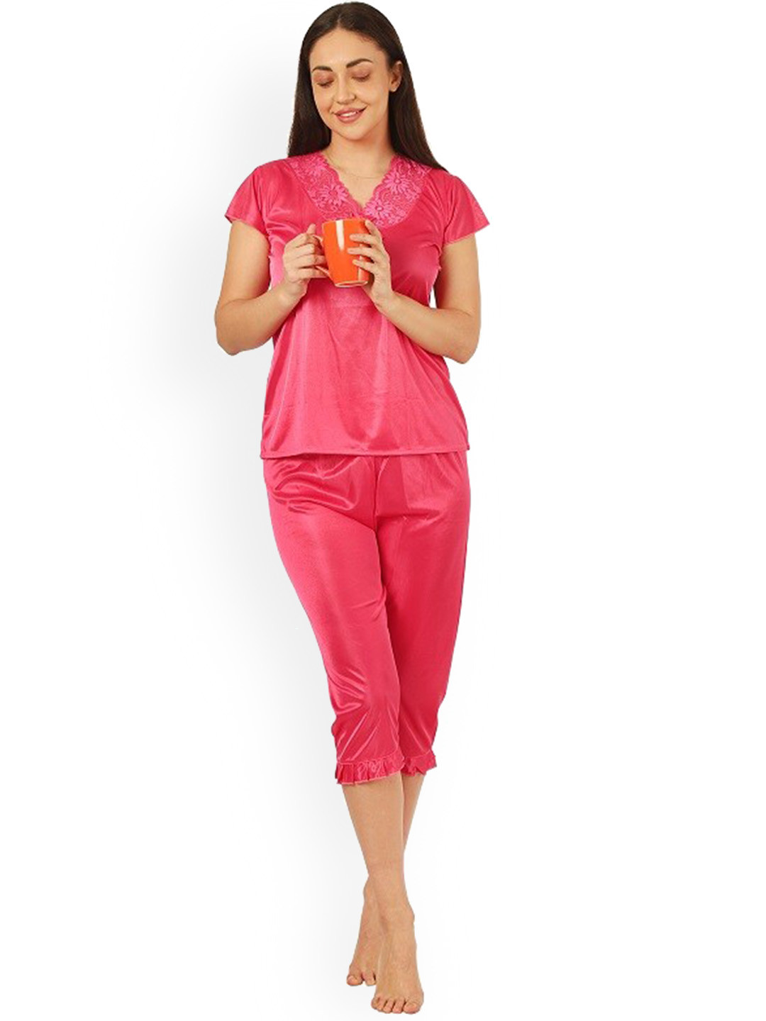 Buy Noty V Neck Satin Lace Top With Capris - Night Suits for Women ...