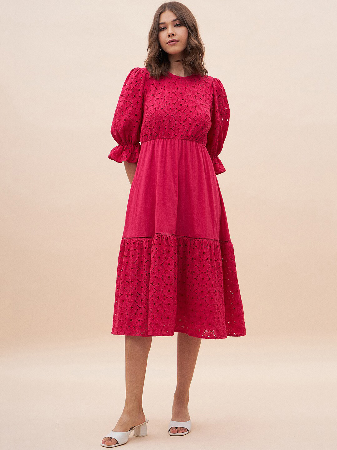 Buy FEMMELLA Pink Schiffli Tiered Puff Sleeve Gathered & Pleated Cotton ...