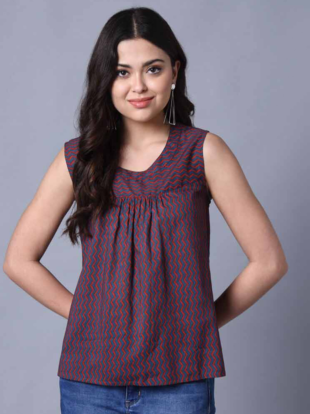 Buy KALINI Geometric Printed Gathered Or Pleated Cotton A Line Top ...