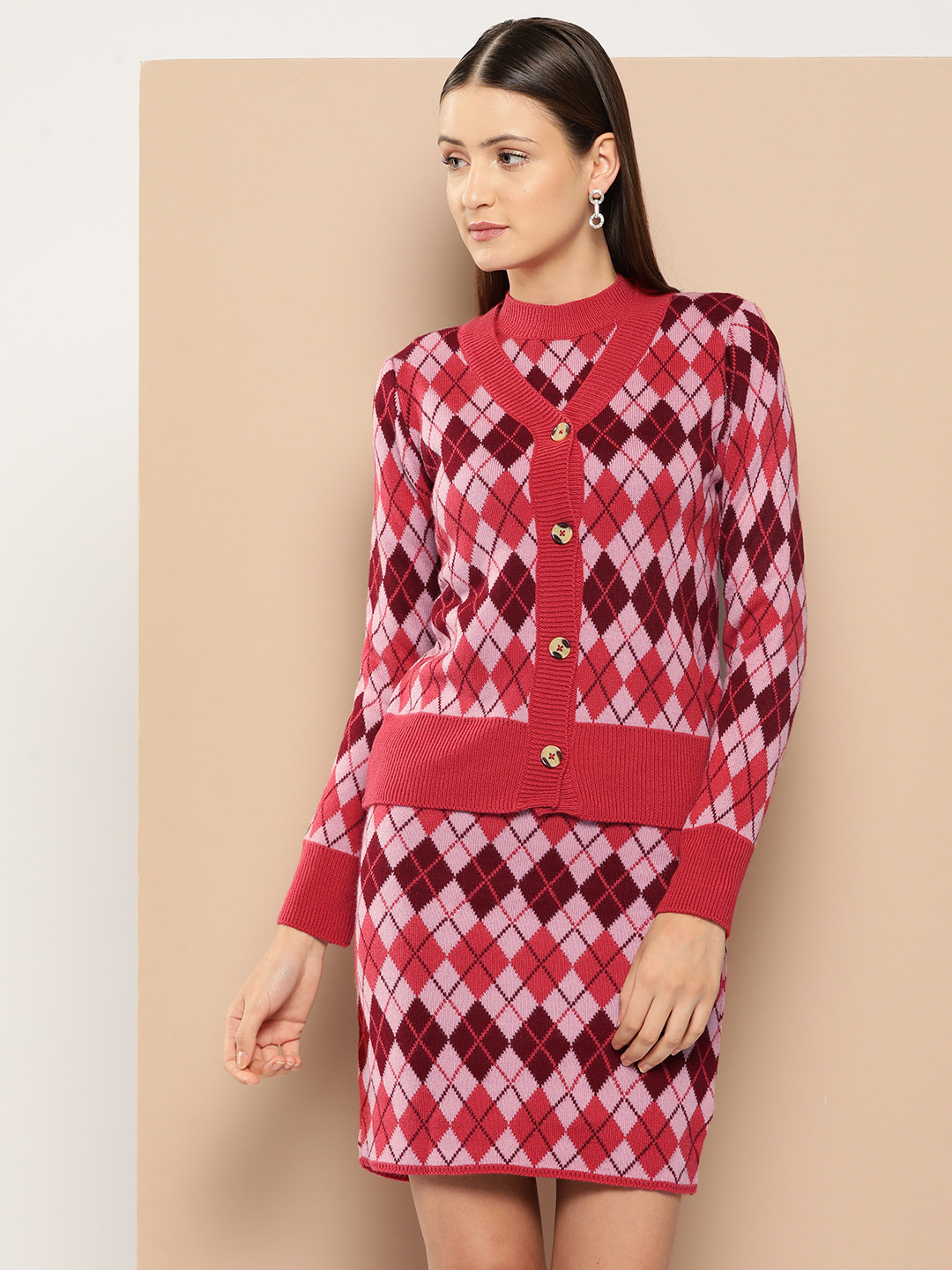 Buy Chemistry Argyle Pattern Acrylic Dress With Cardigan - Dresses for ...