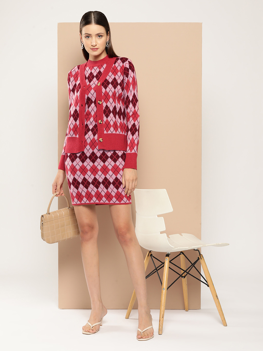 Buy Chemistry Argyle Pattern Acrylic Dress With Cardigan - Dresses for ...