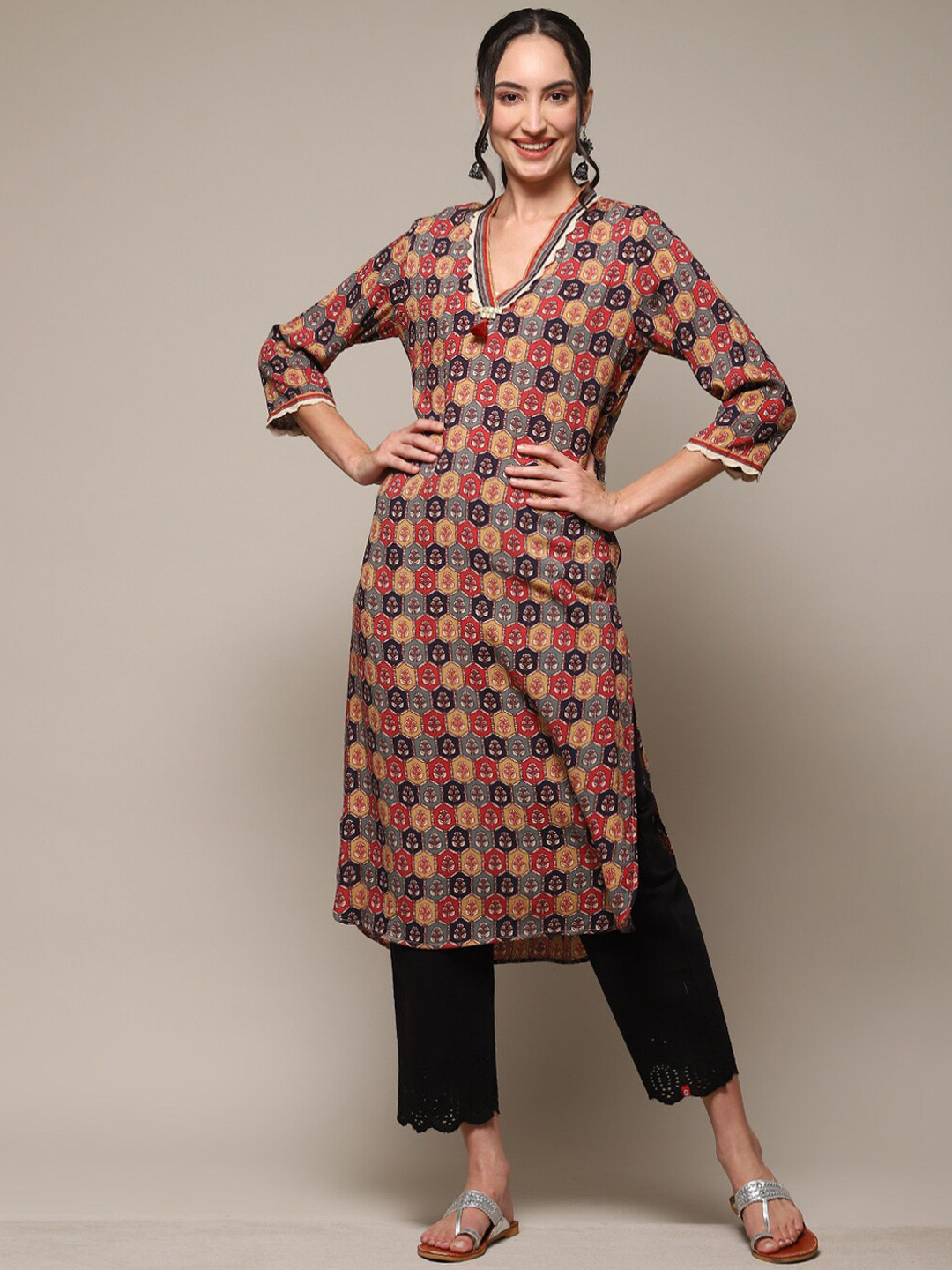 Buy Biba Ethnic Motifs Printed V Neck Straight Kurta - Kurtas for Women 23874358 | Myntra