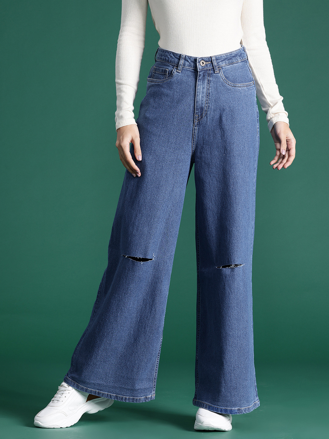Buy DressBerry Women Wide Leg Slash Knee Stretchable Jeans - Jeans for ...