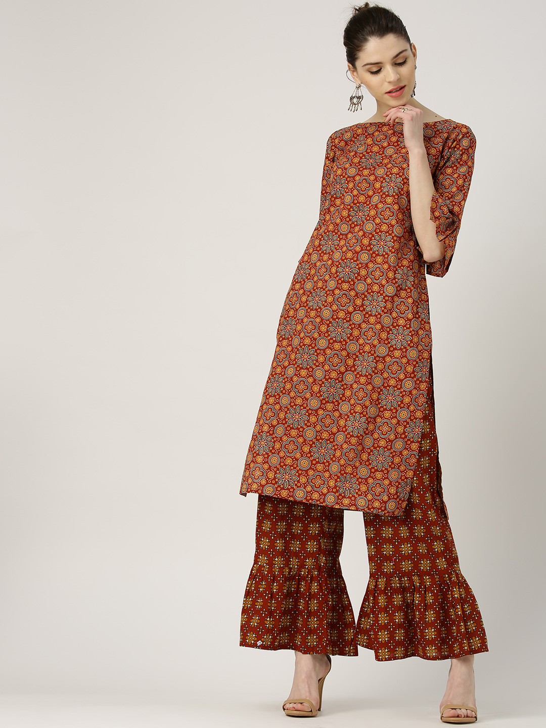 Buy Libas Women Rust Red & Mustard Yellow Printed Kurta With Palazzos ...