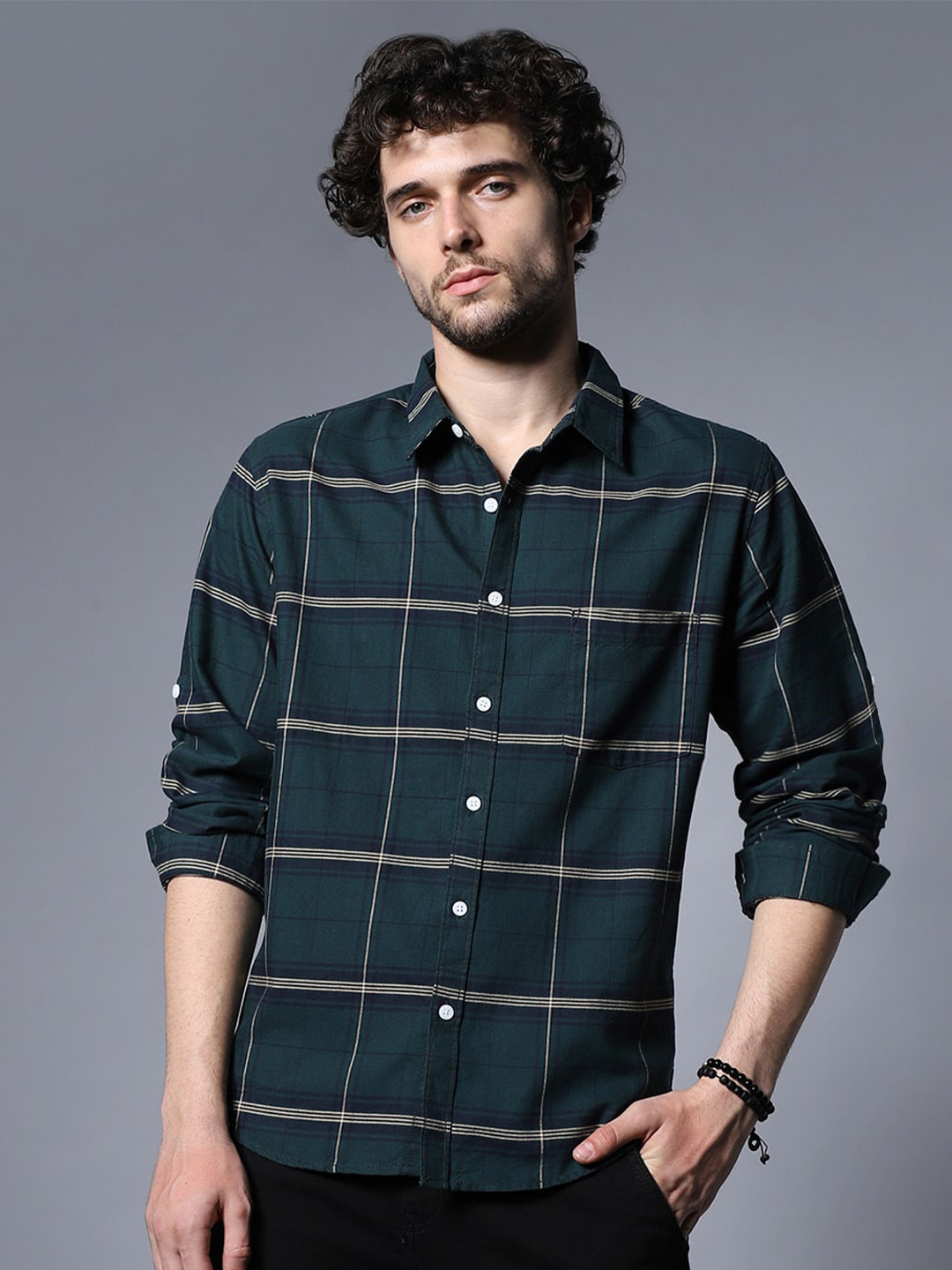 Buy High Star Classic Windowpane Checks Opaque Pure Cotton Casual Shirt ...