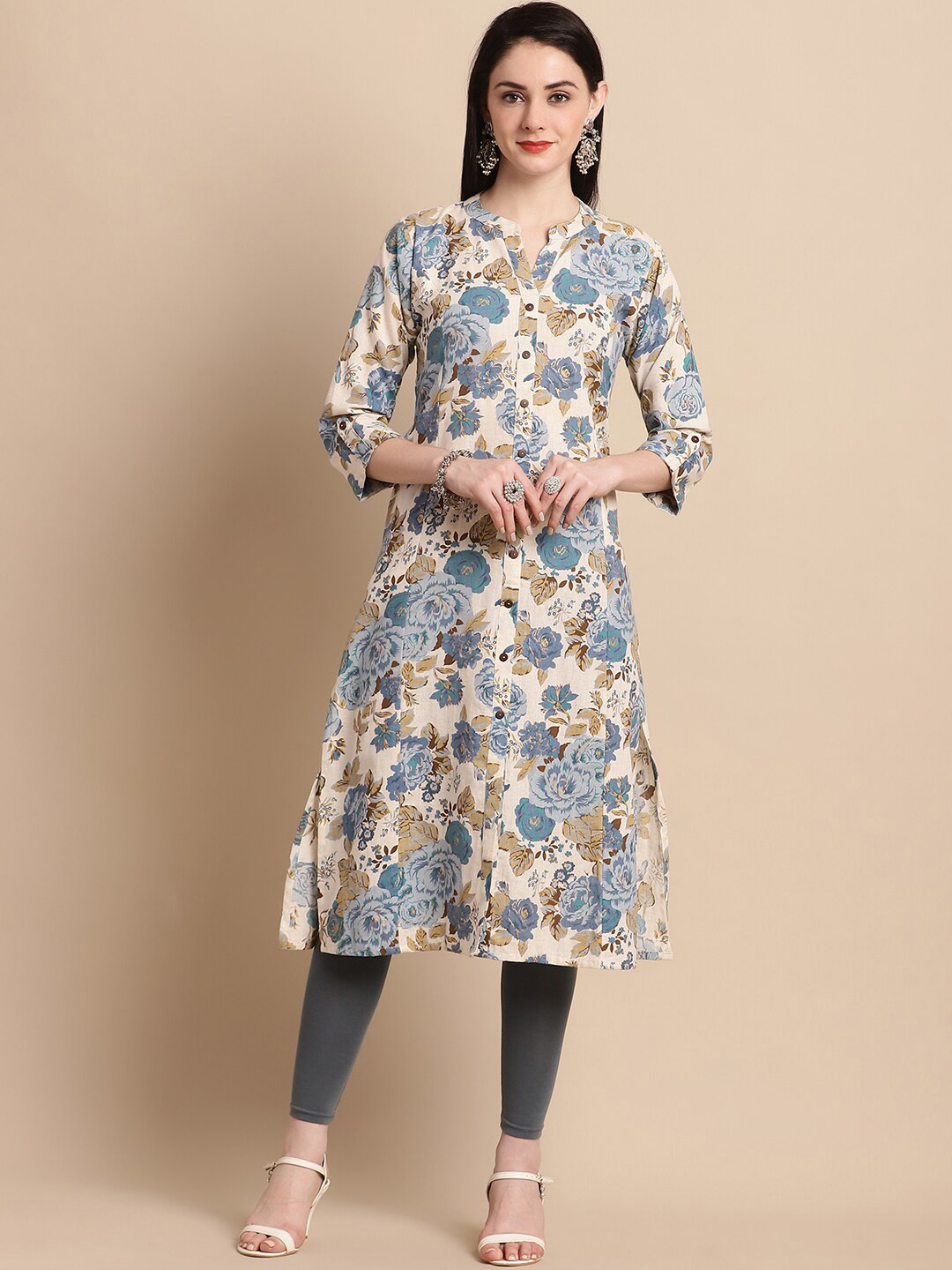 Buy Pistaa Floral Printed Mandarin Collar Roll Up Sleeves Panelled ...