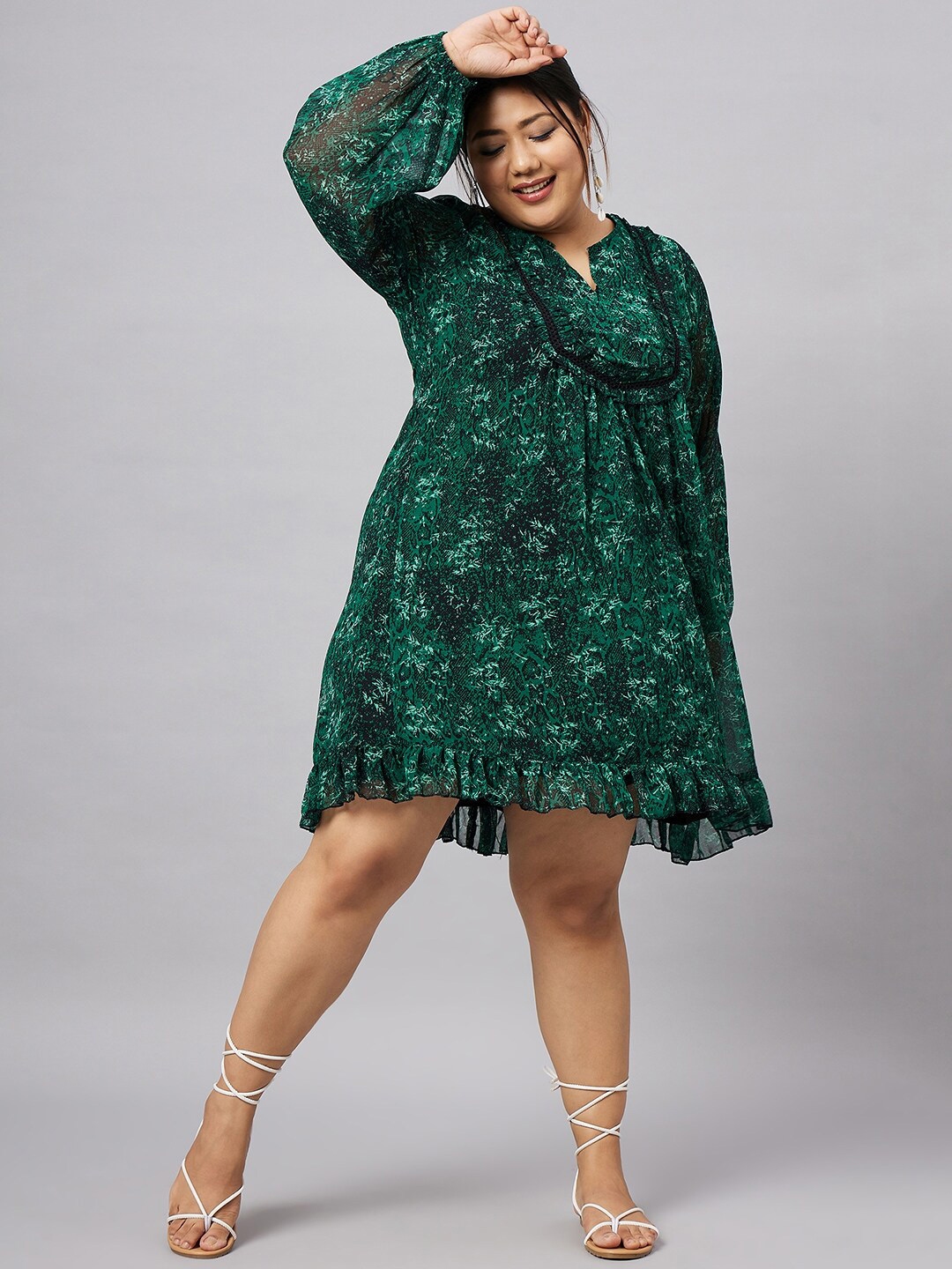 Buy Antheaa Curve Plus Size Floral Printed Lace Inserts Detail Chiffon