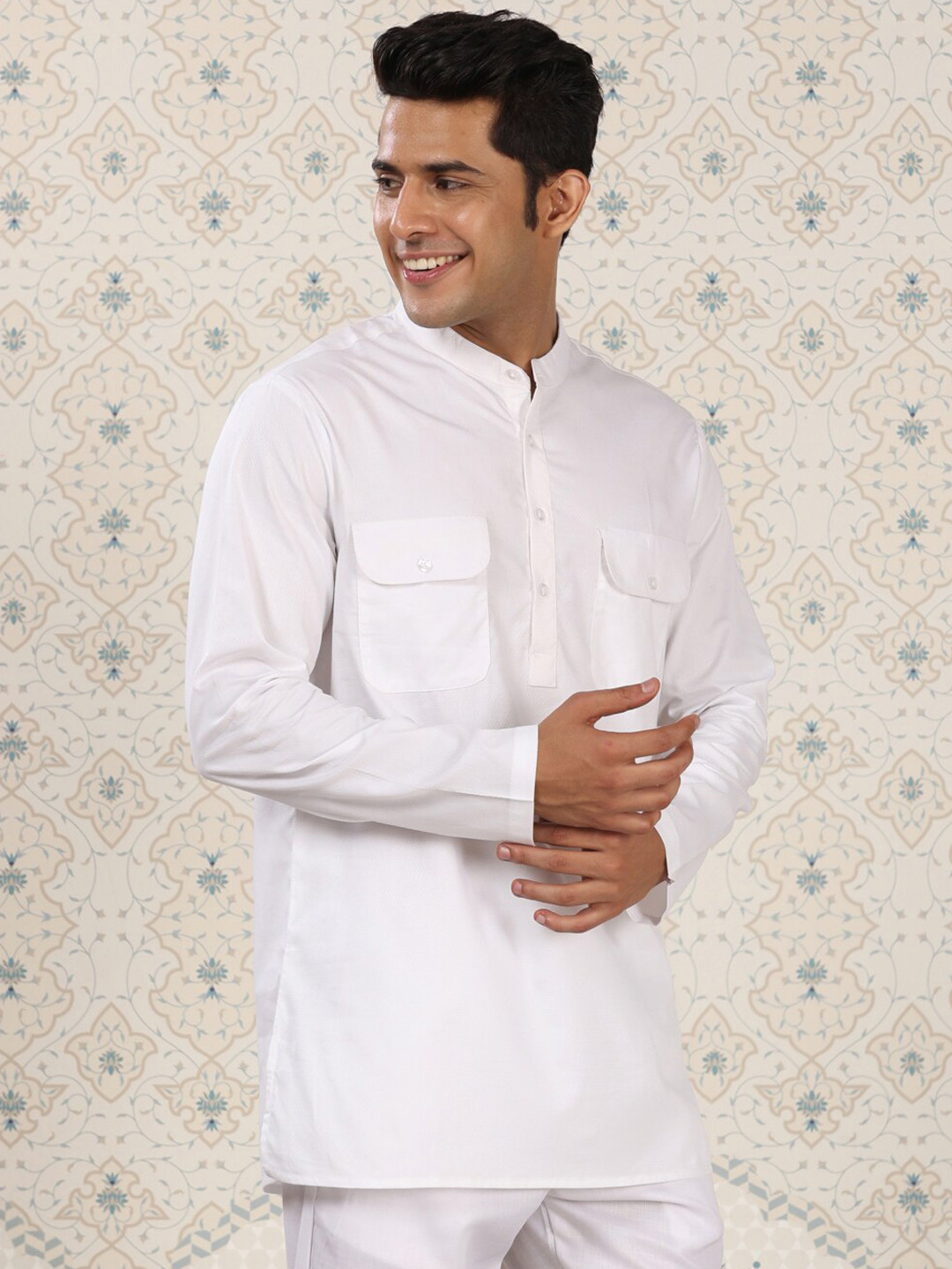 Buy Ode By House Of Pataudi Band Collar Pure Cotton Short Kurta ...