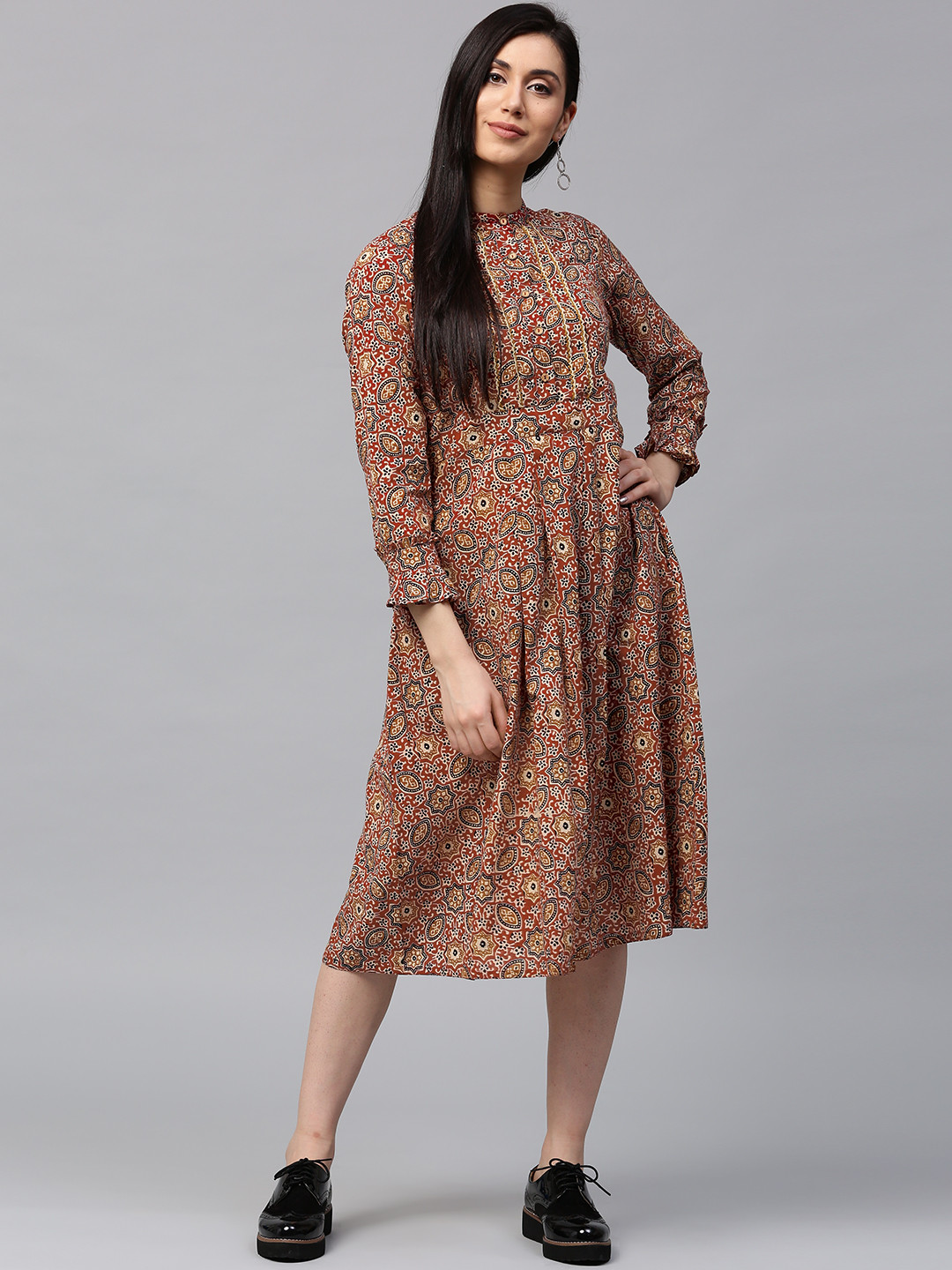 Buy Jaipur Kurti Women Maroon & Beige Printed A Line Midi Dress ...