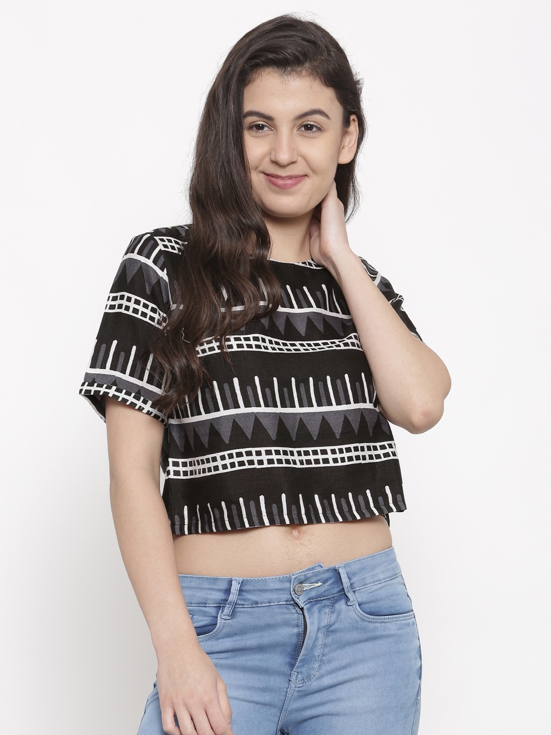Buy Global Desi Women Black Printed Crop Pure Cotton Top - Tops for ...