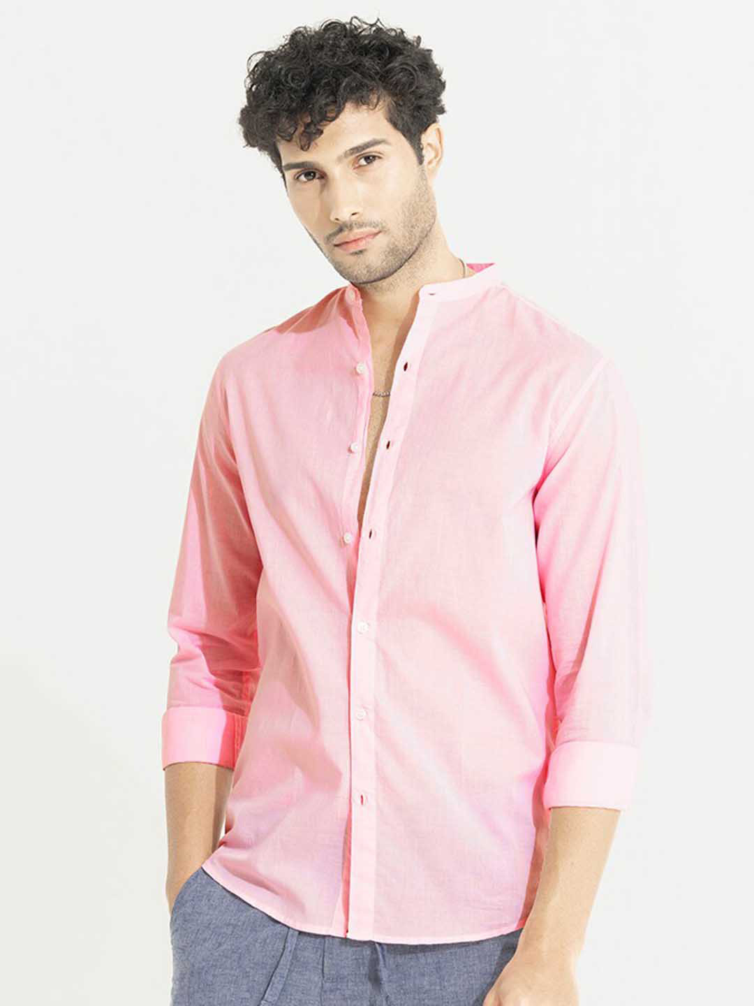 Buy Snitch Pink Classic Band Collar Slim Fit Cotton Casual Shirt ...