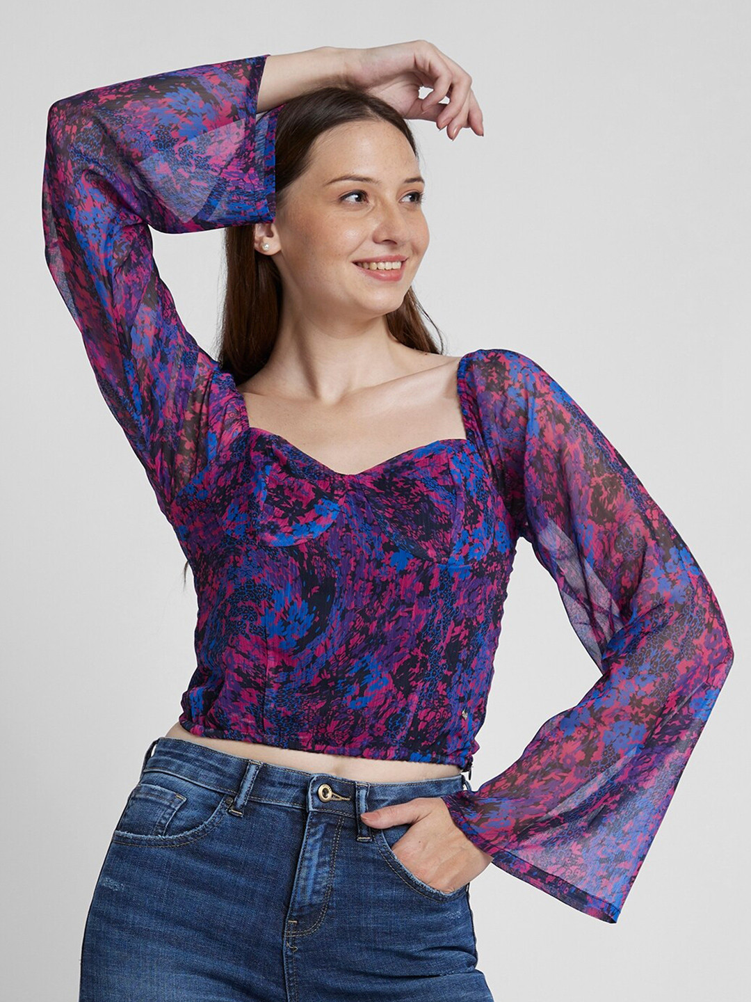 Buy SPYKAR Abstract Printed Sweetheart Neck Bell Sleeves Cotton Crop ...