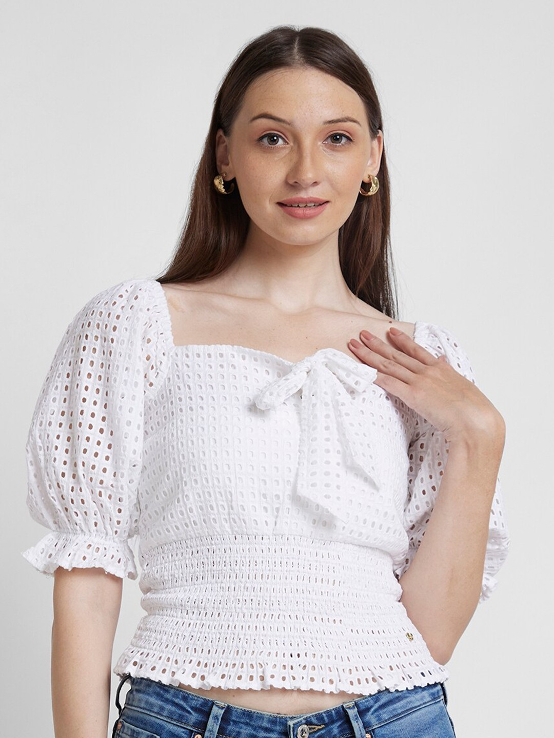 Buy SPYKAR Sweetheart Neck Puff Sleeves Smocking Detail Schiffli Cotton ...