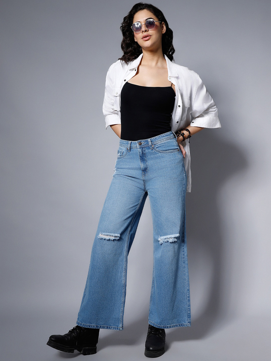 Buy High Star Women Blue Wide Leg High Rise Slash Knee Jeans - Jeans ...