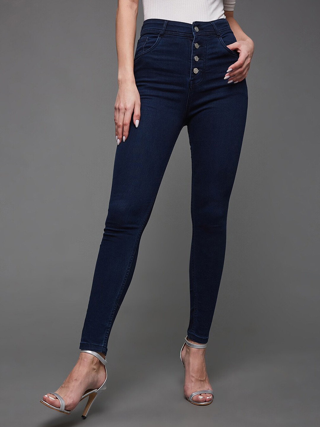Buy Miss Chase Women Navy Blue Jean Skinny Fit High Rise Clean Look ...