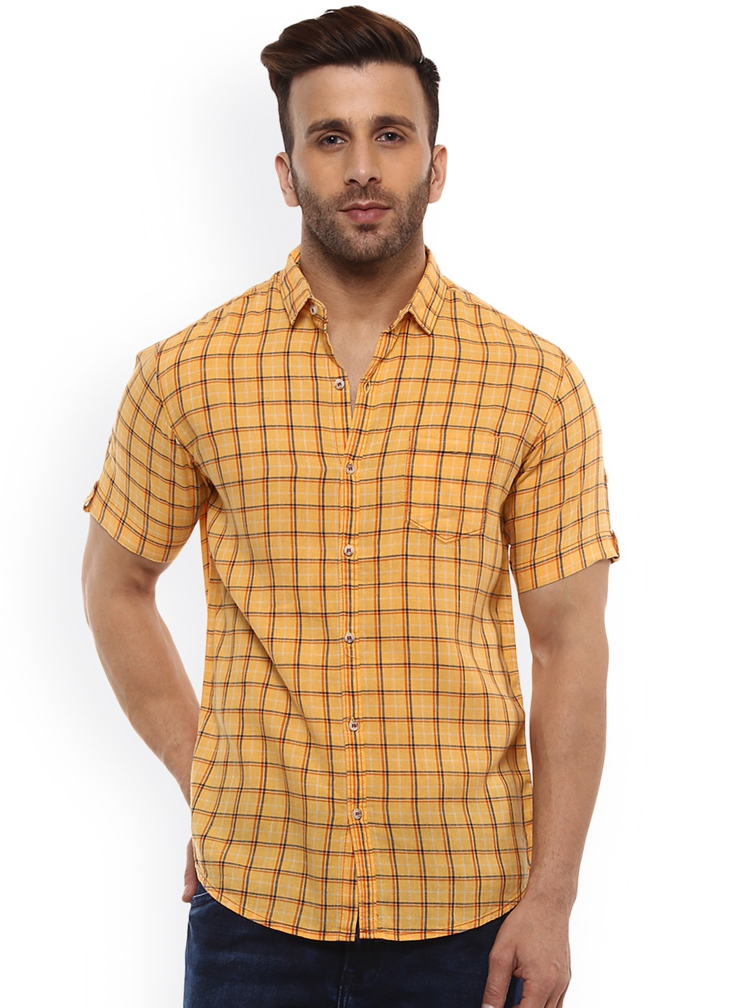 Buy Mufti Men Yellow Slim Fit Checked Casual Shirt - Shirts for Men ...
