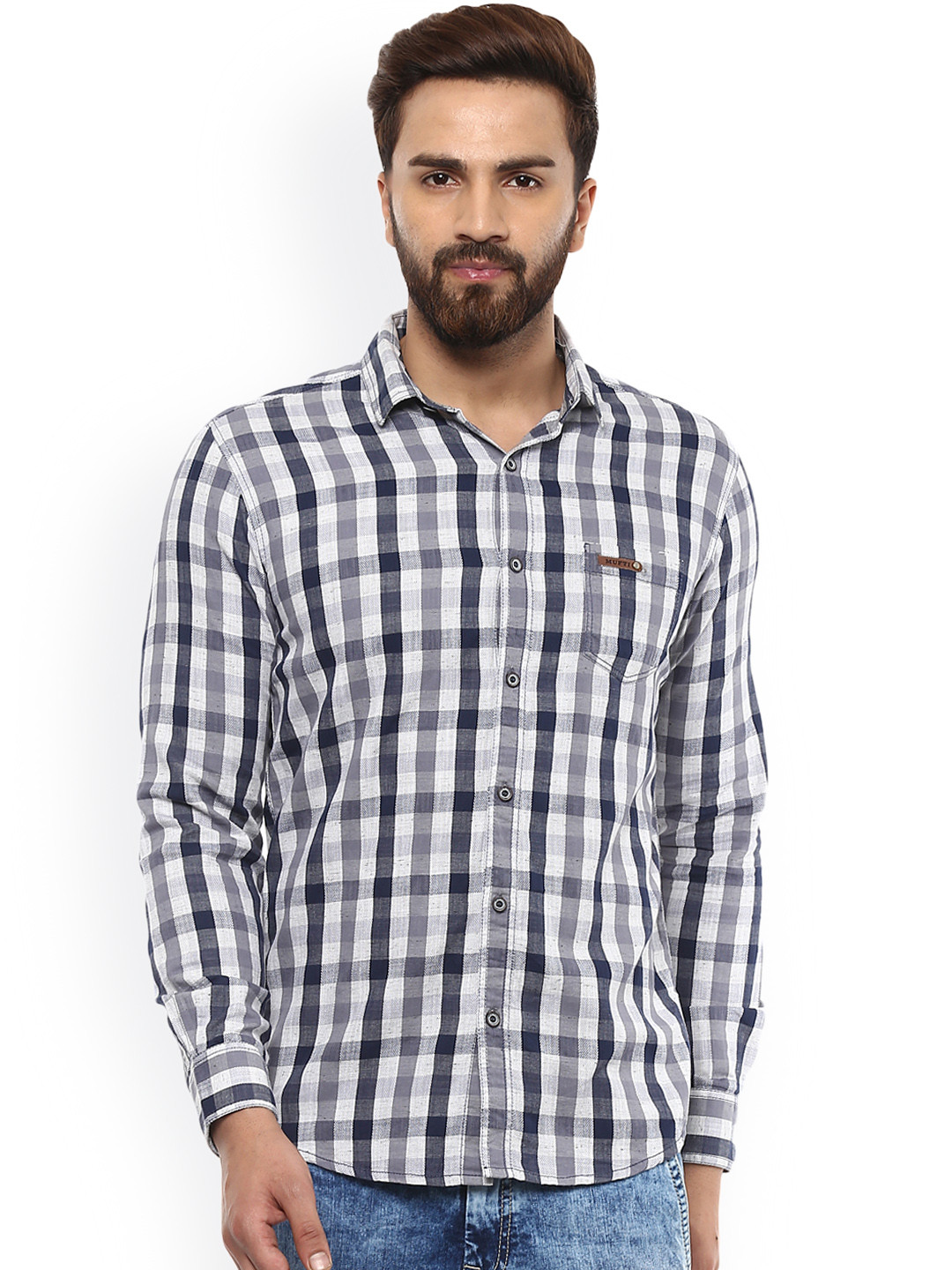 Buy Mufti Men Blue & White Slim Fit Checked Casual Shirt - Shirts for ...
