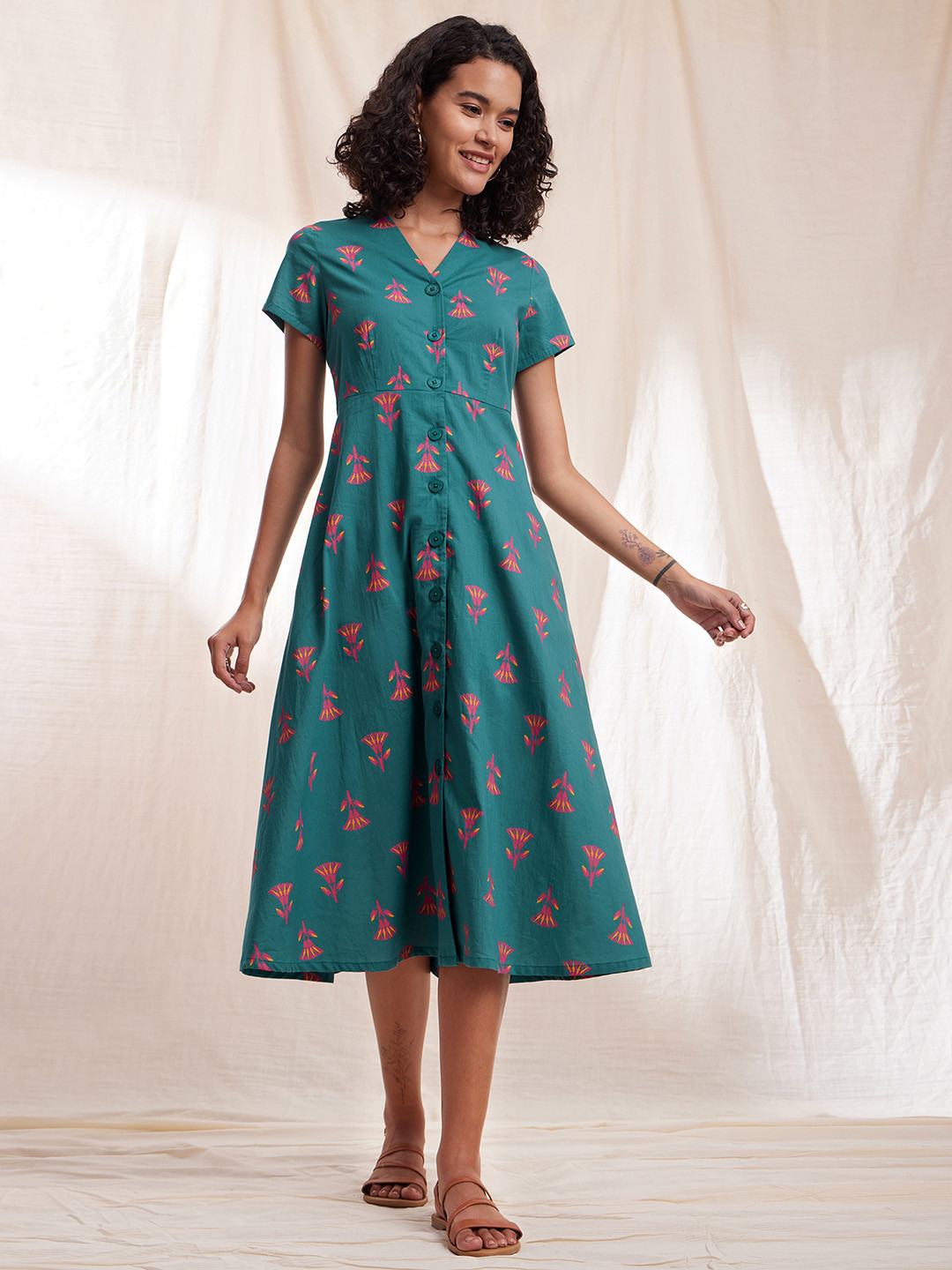 Buy Pink Fort Floral Printed Cotton A Line Ethnic Dress - Ethnic ...