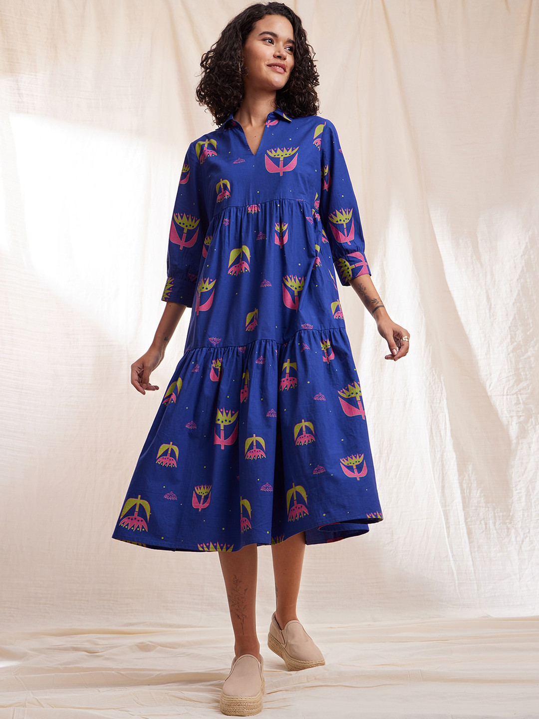 Buy Pink Fort Floral Printed A Line Cotton Shirt Collar Dress - Ethnic ...