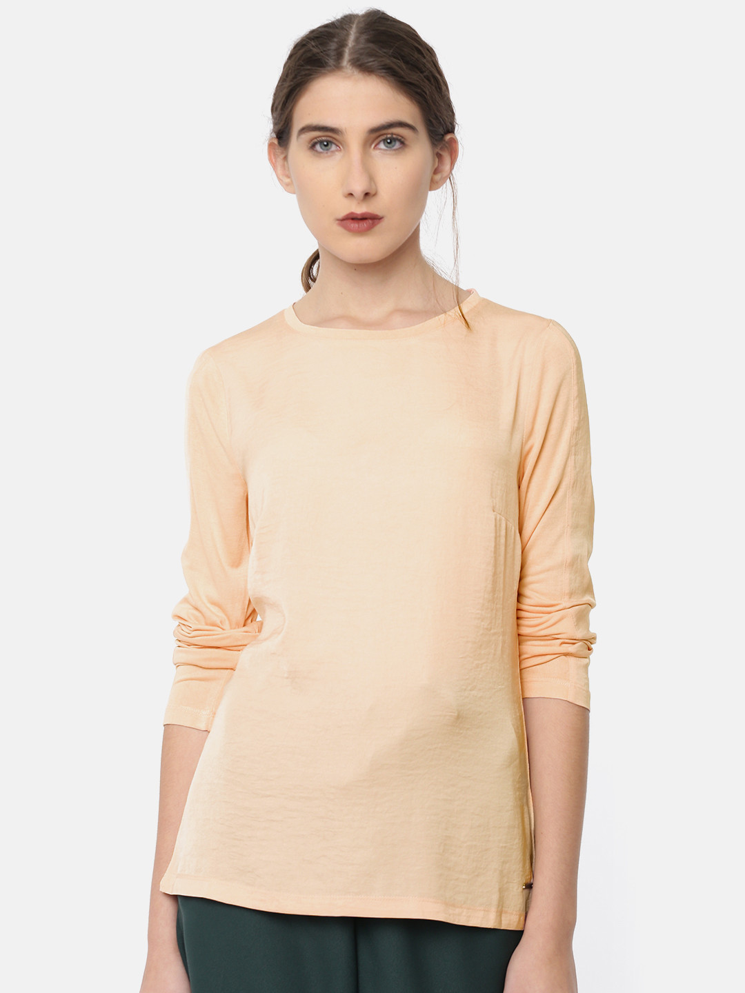 Buy Vero Moda Women Peach Coloured Solid Round Neck T Shirt - Tshirts ...