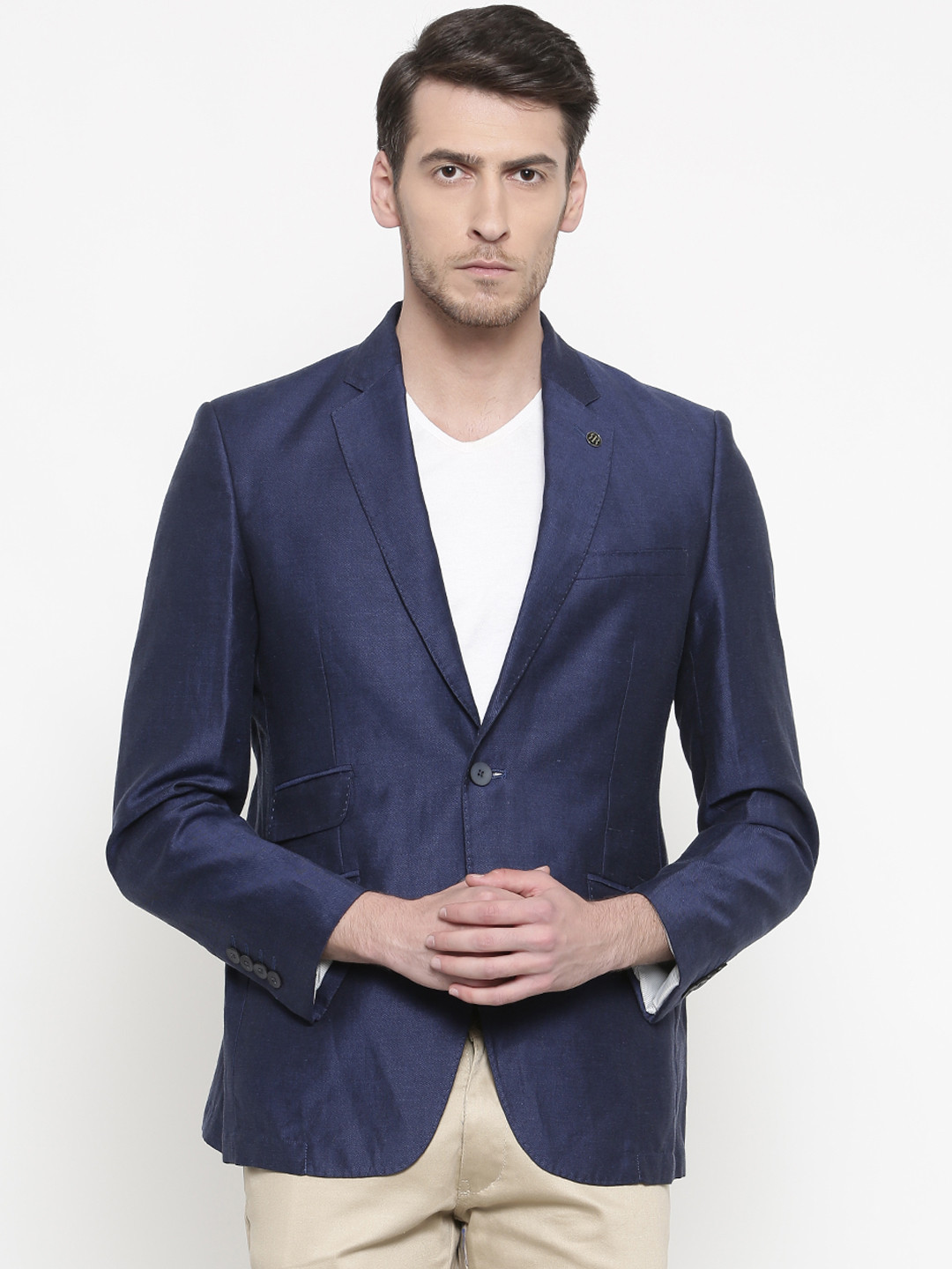 Buy Raymond Blue Solid Tailored Contemporary Fit Casual Blazer ...