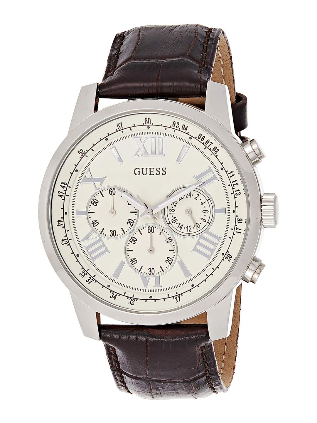 Buy GUESS Men Brass Embellished Dial & Leather Textured Straps Analogue ...