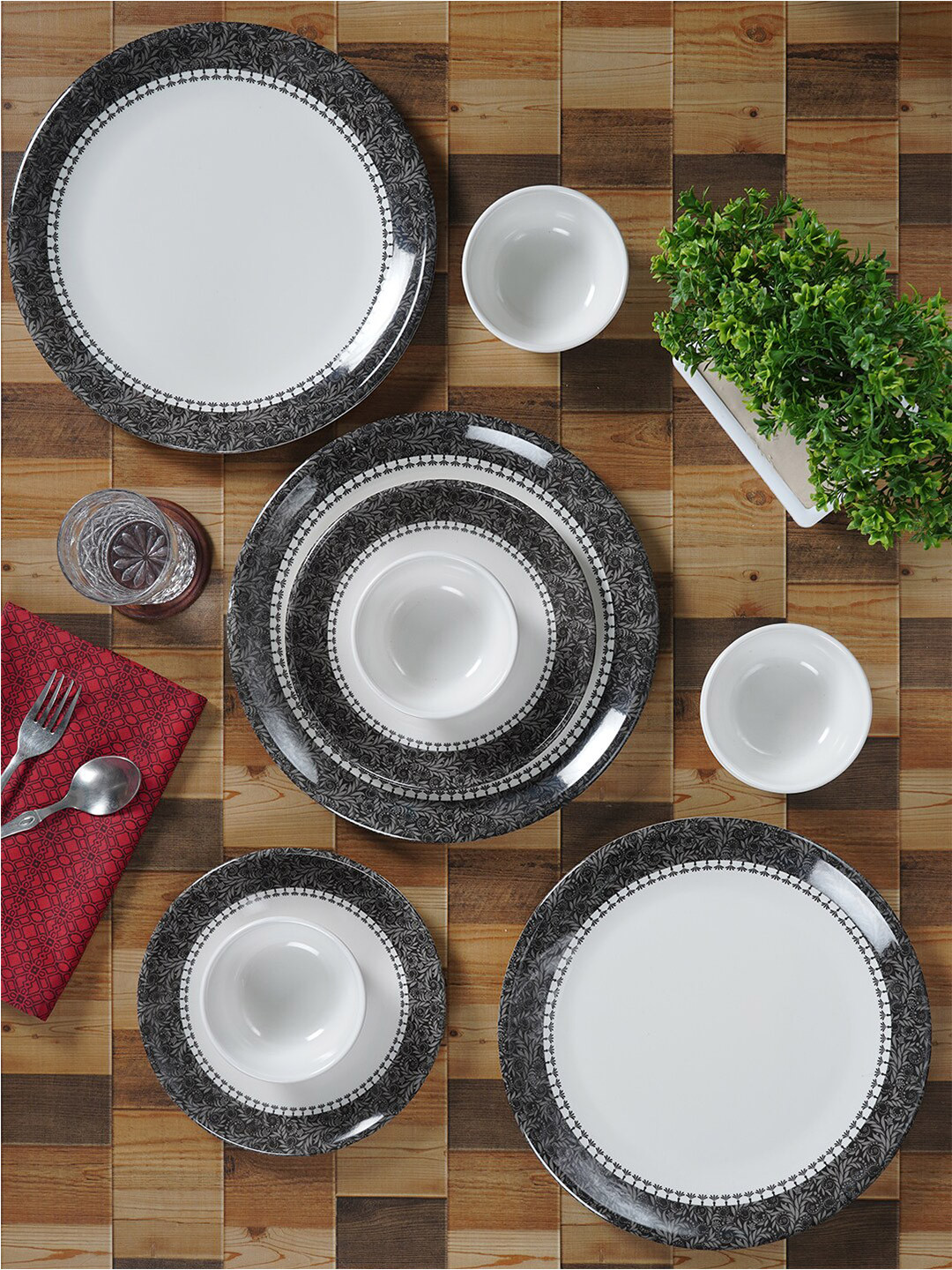 Buy CDI White 18 Pieces Ethnic Motifs Printed Melamine Glossy Dinner ...