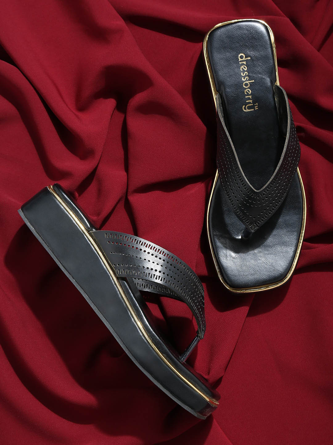 Buy DressBerry Black Textured Open Toe Wedges With Laser Cuts - Heels ...
