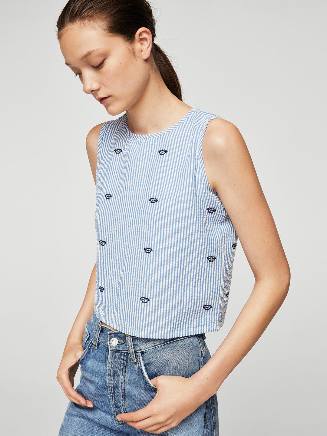 Buy MANGO Women Blue Striped Pure Cotton Top - Tops for Women 2393252 ...