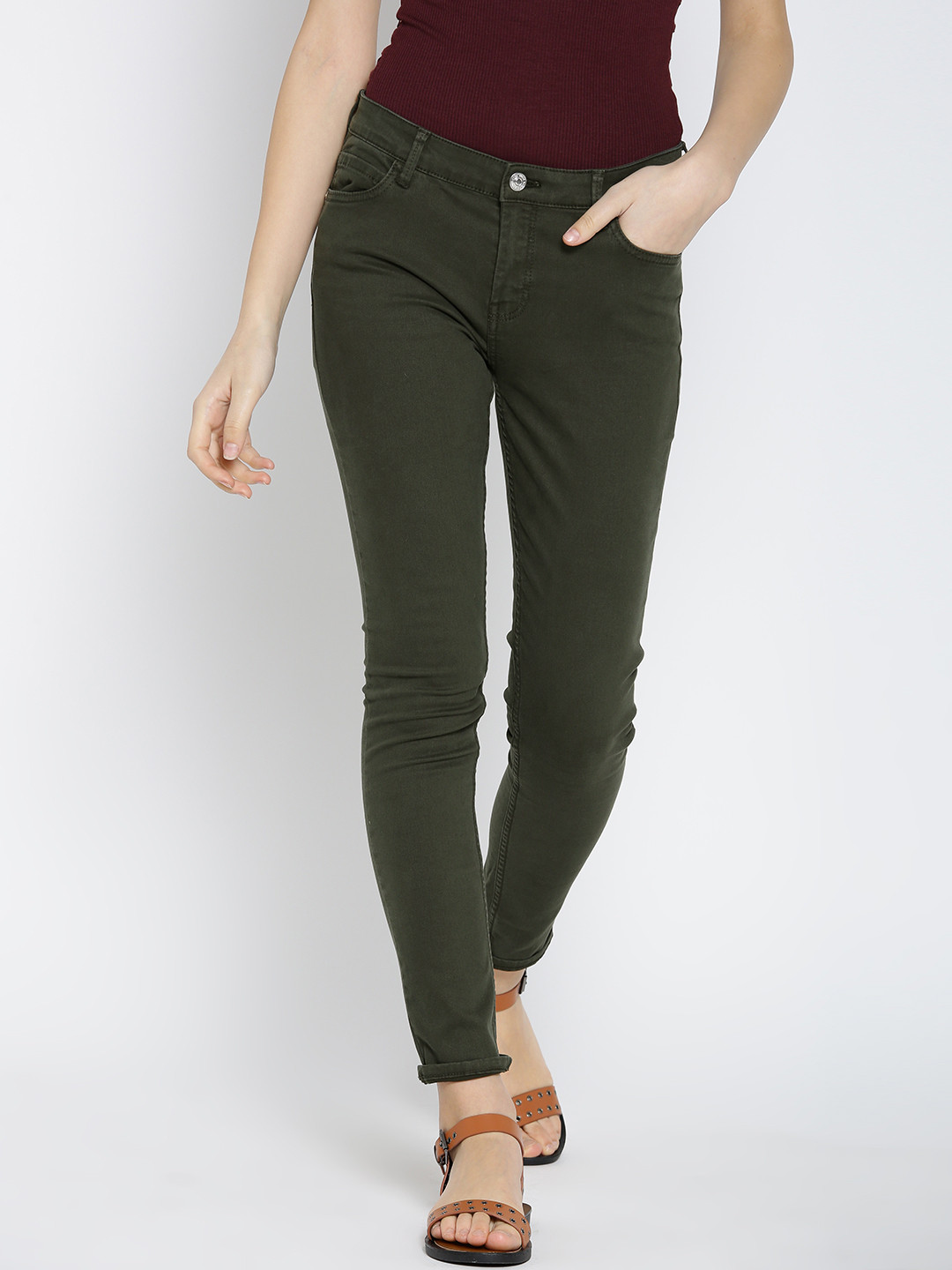 Buy MANGO Women Olive Green Skinny Fit Low Rise Clean Look Stretchable ...