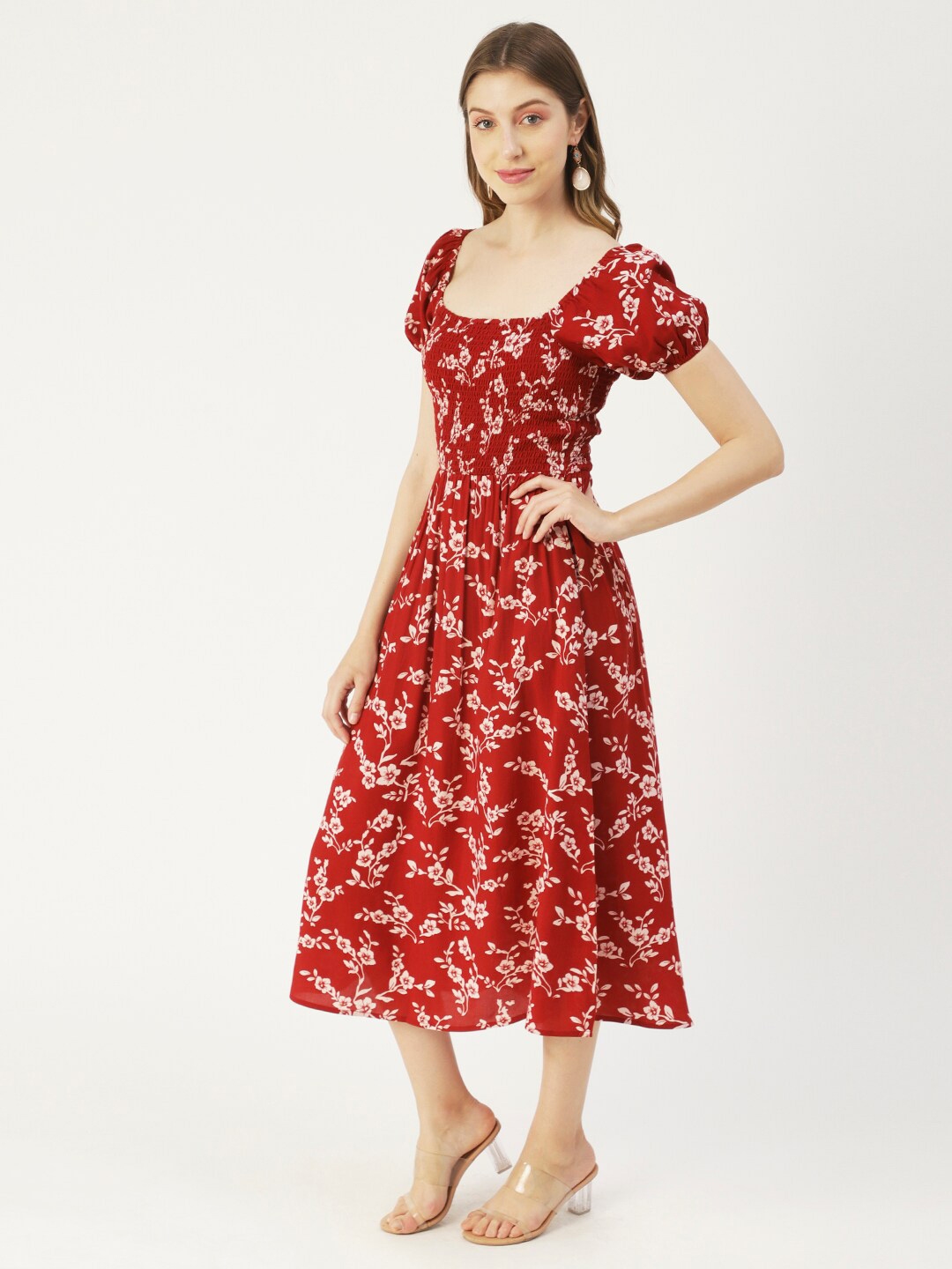 Buy Moomaya Floral Print Puff Sleeve Smocked Square Neck Fit And Flare