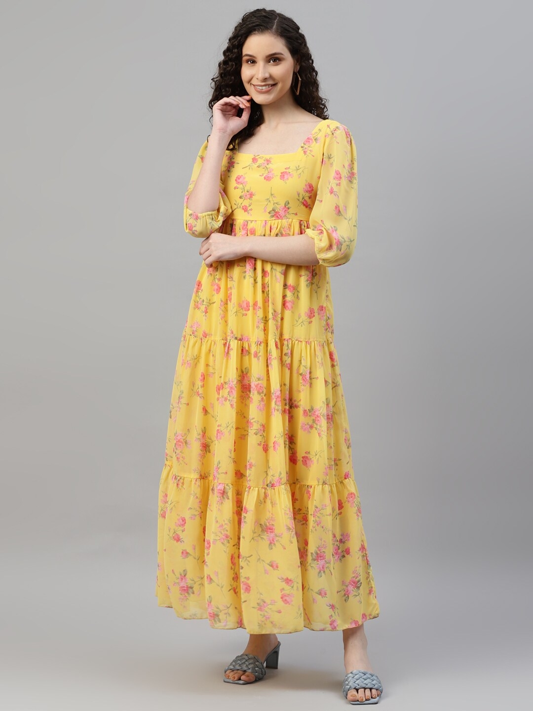 Buy Deebaco Floral Printed Square Neck Puff Sleeves Tiered Detailed Fit