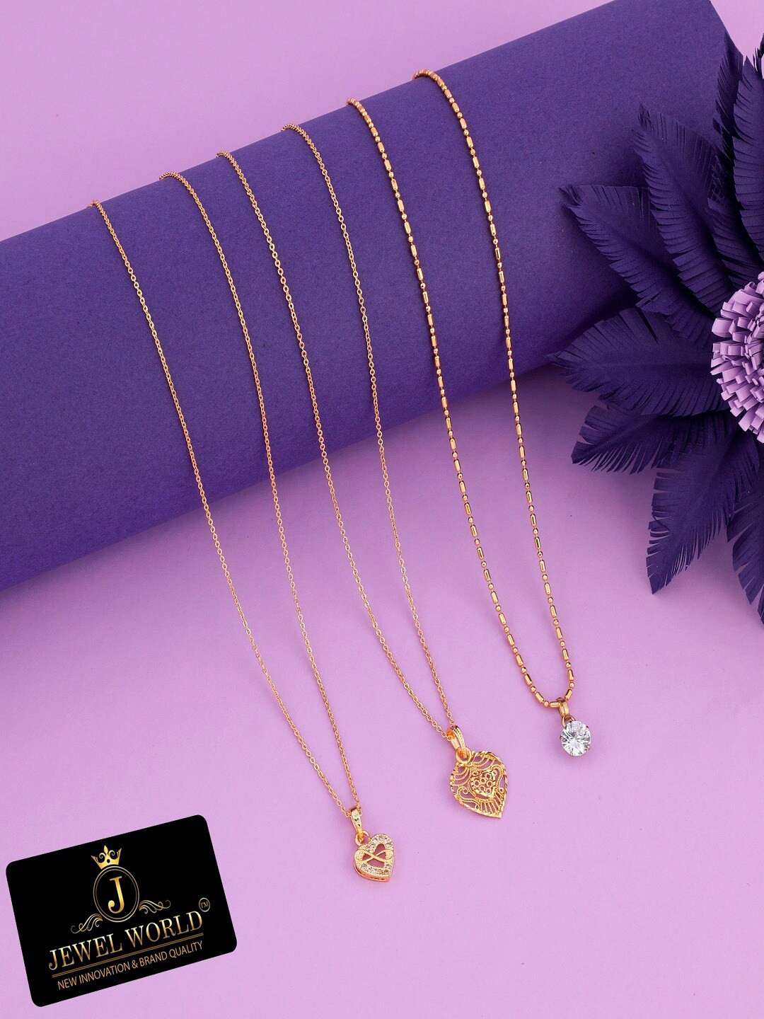 Buy JEWEL WORLD Set Of 3 Gold Plated Stone Studded Chains - Necklace ...