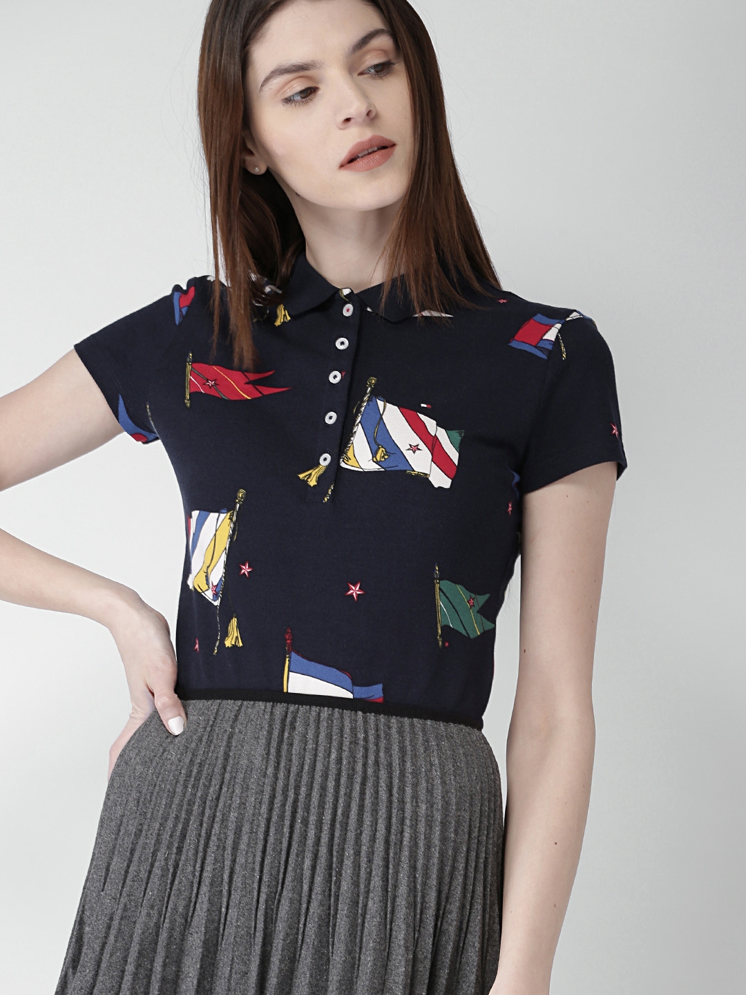 Buy Tommy Hilfiger Women Navy Blue Printed Polo Collar T Shirt