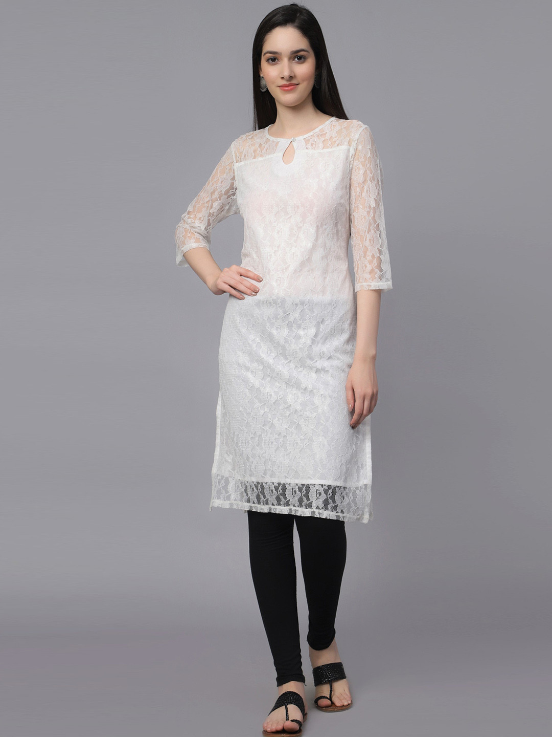 Buy NUEVOSDAMAS Floral Lace Keyhole Neck Cotton Kurtha - Kurtas for ...